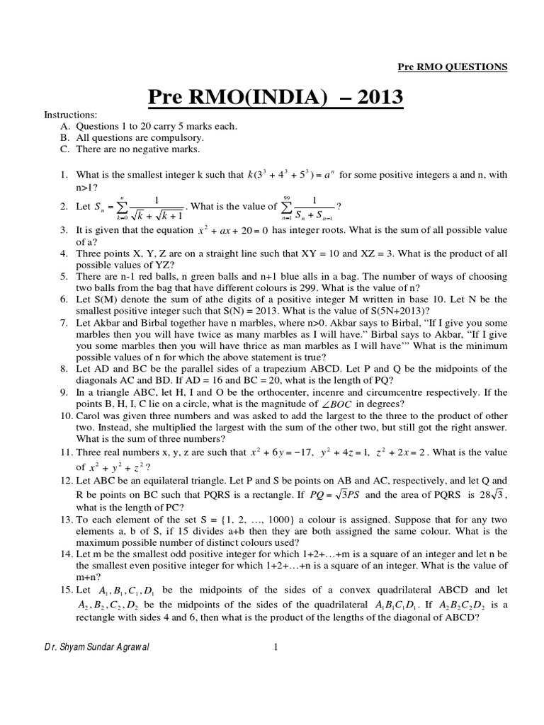 Pre RMO Questions: Solutions to 20 Practice Problems for the Pre ...