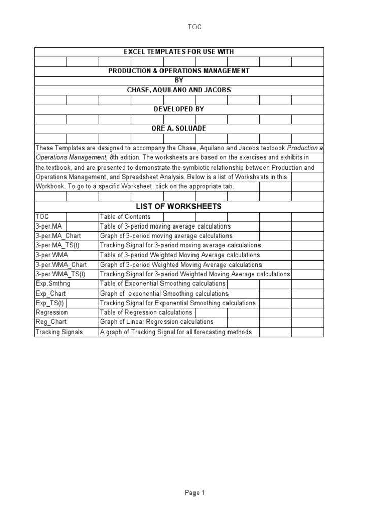 Excel Templates For Use With Production & Operations Management BY ...