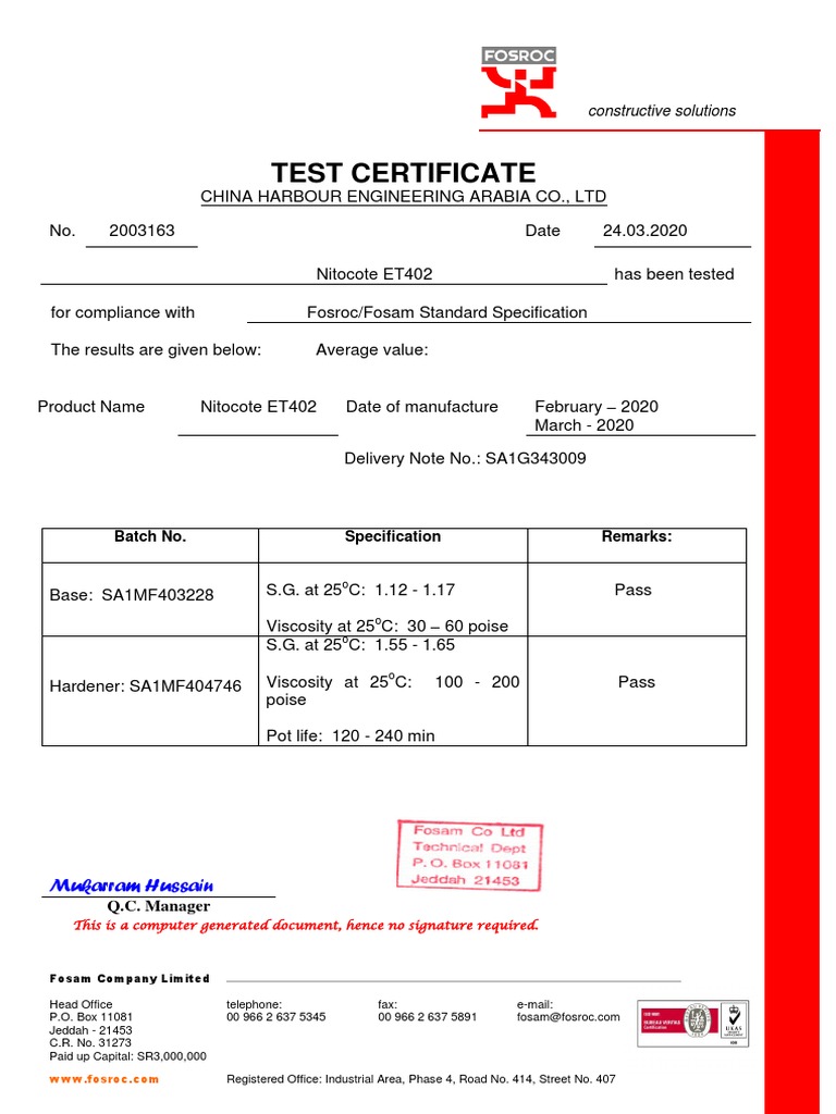 Test Certificate For Nitoproof 120 | PDF