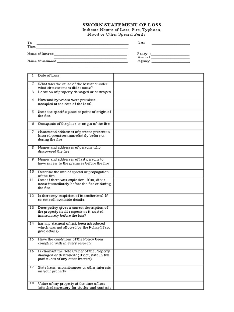 Sworn Statement of Loss Template | PDF | Fires | Insurance