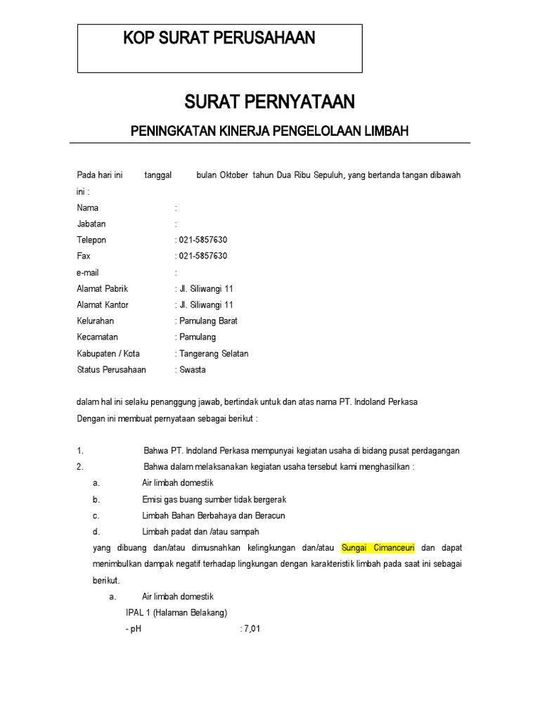 Pernyataan Pengelolaan Limbah PT Indoland | PDF | Griya & Taman | Sains ...