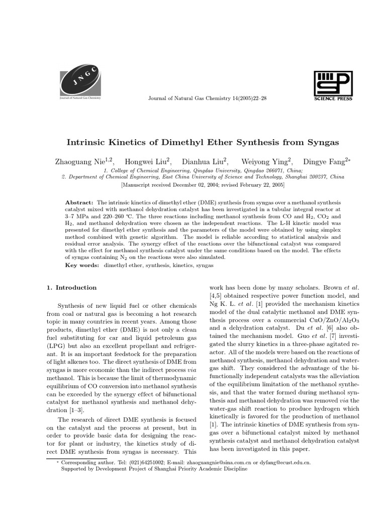 Intrinsic Kinetics of Dimethyl Ether Synthesis From Syngas | PDF | Gas ...
