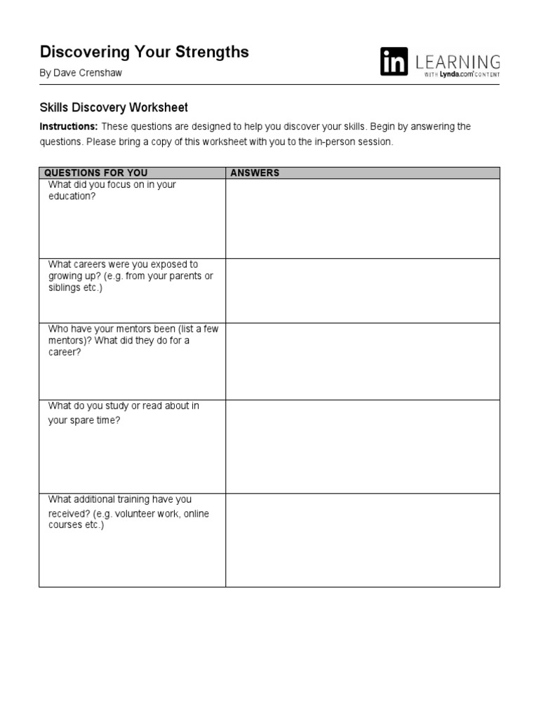 Discovering Your Strengths: Skills Discovery Worksheet | PDF