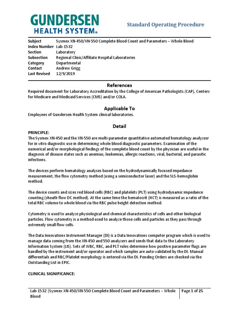 Lab Policies Sysmex XN 450 XN 550 Lab 1532 | PDF | Calibration ...