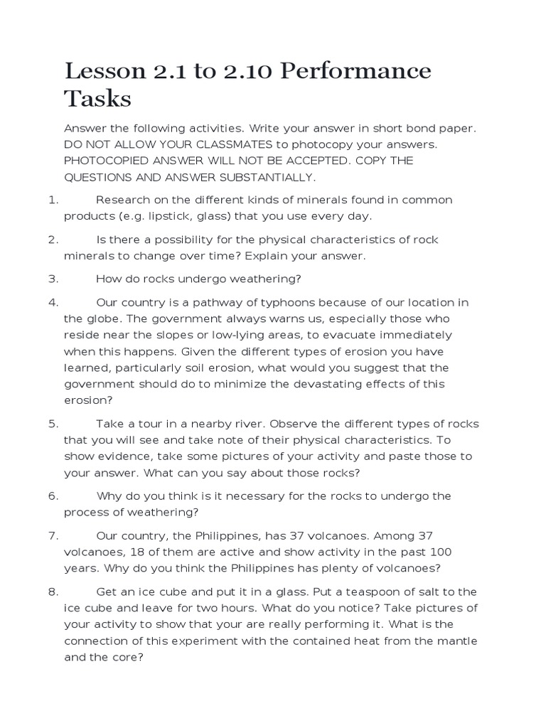 Lesson 2.1 To 2.10 Performance Tasks | PDF | Plate Tectonics | Geology