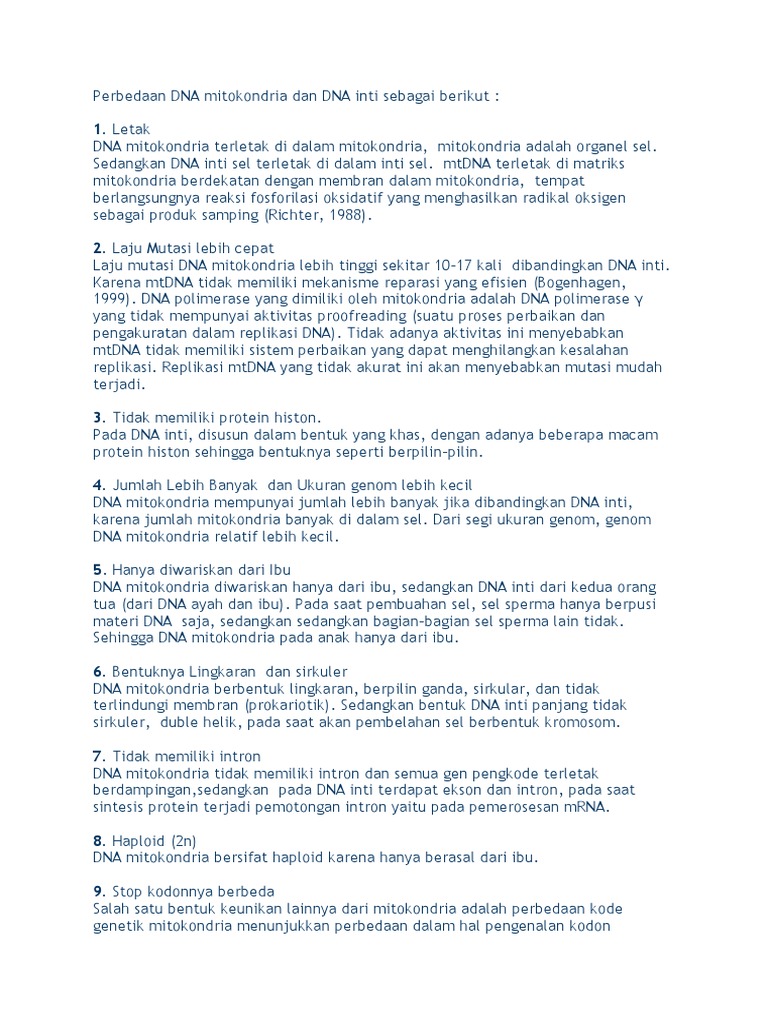 Perbedaan DNA Mitokondria Dan DNA Inti | PDF