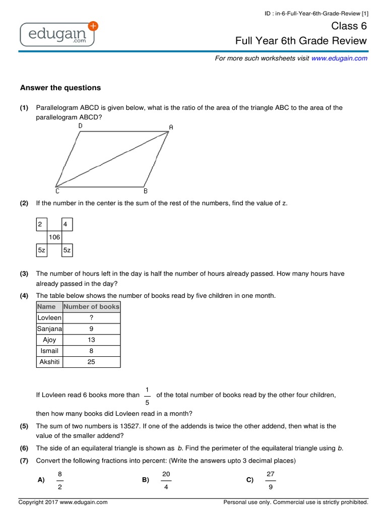 Class 6 Full Year 6th Grade Review: Answer The Questions | PDF | Area ...