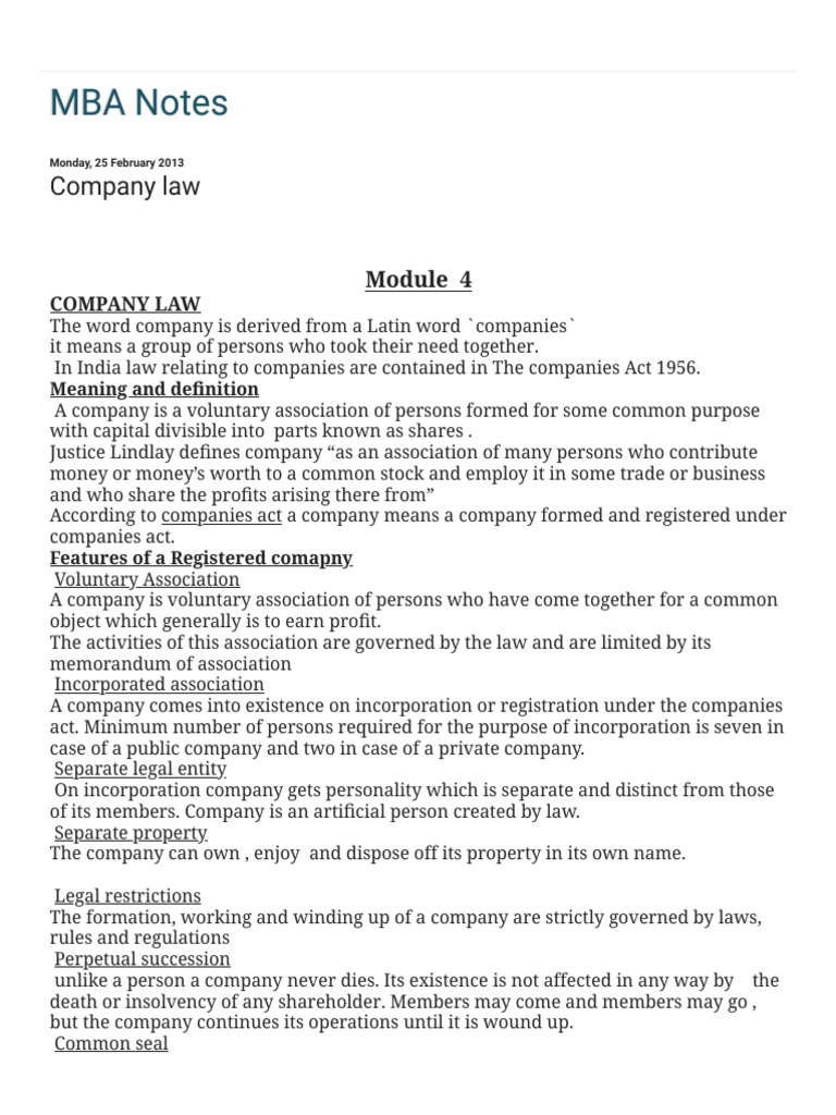MBA Notes - Company Law | PDF | Companies | Corporations