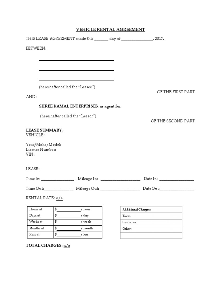 Vehicle Rental Agreement: Shree Kamal Enterprises. As Agent For ...