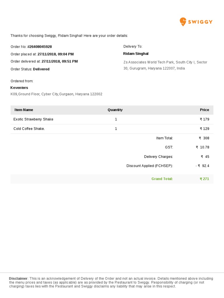 Swiggy Order 26408045928 PDF | PDF | Invoice | Fee