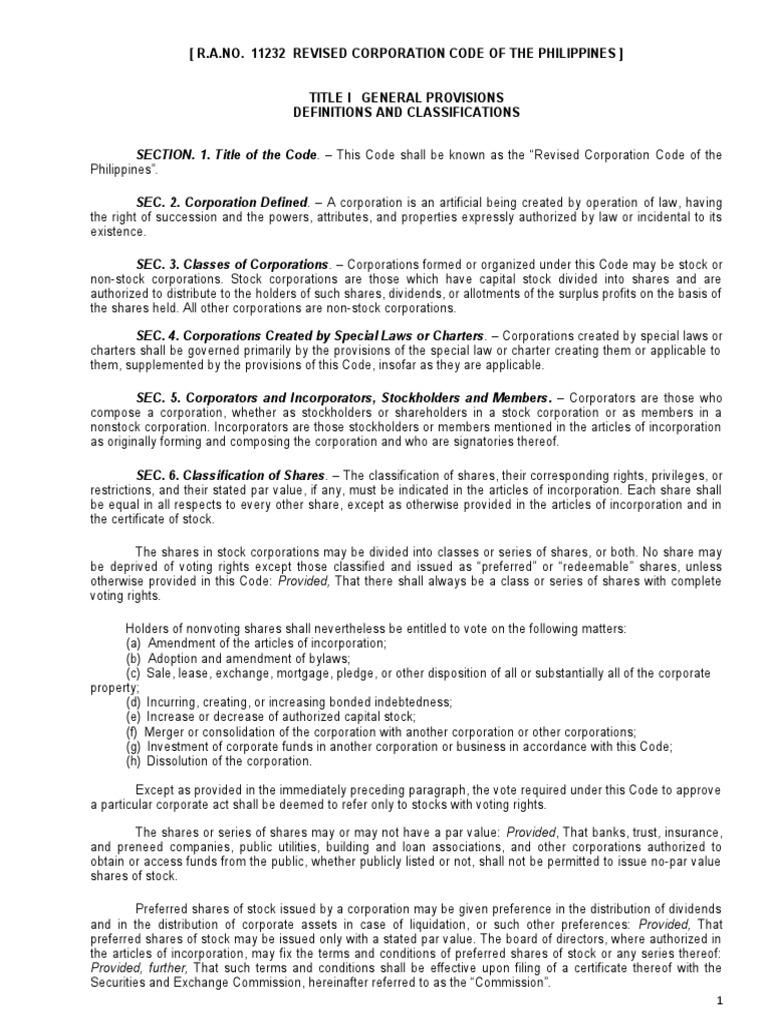 (R.A.No. 11232 Revised Corporation Code of The Philippines) Title I ...