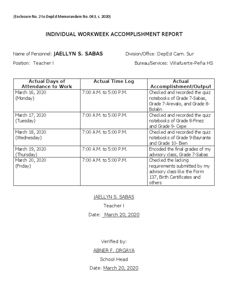 Individual Workweek Accomplishment Report: Jaellyn S. Sabas | PDF ...