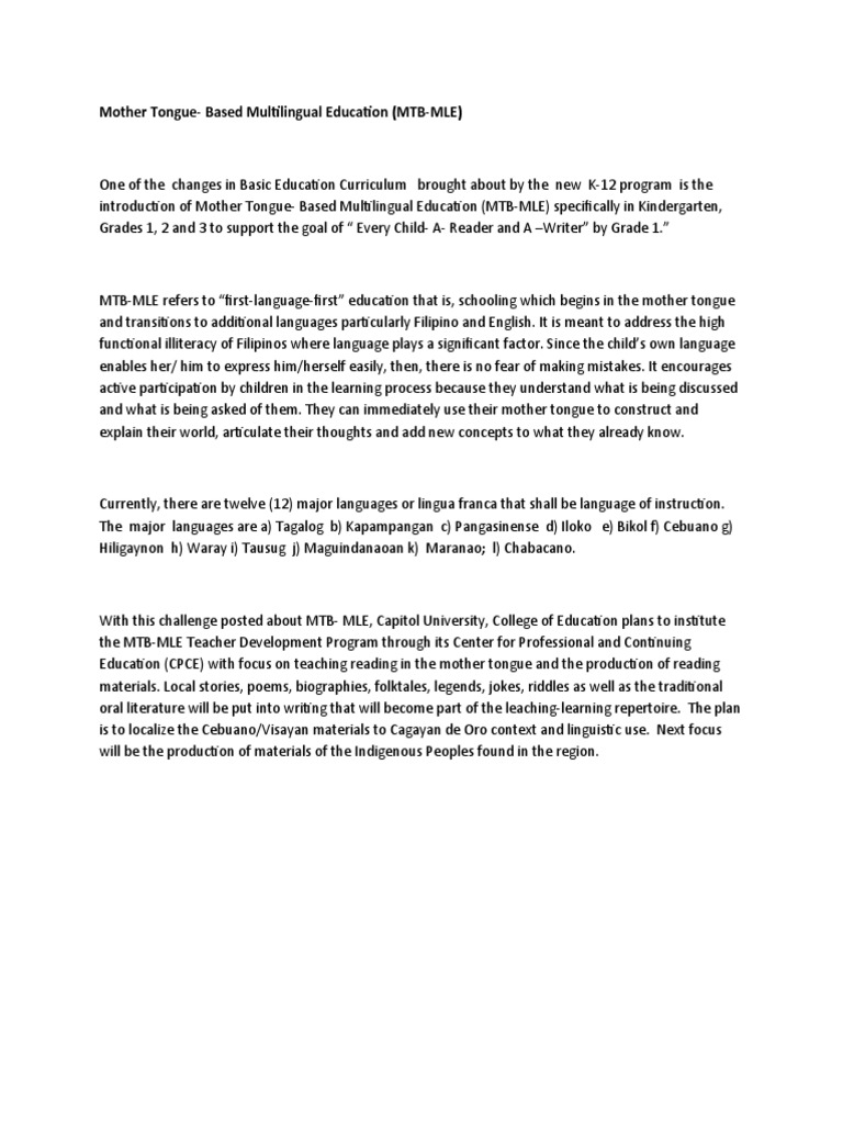 Mother Tongue-Based Multilingual Education (MTB-MLE) | PDF