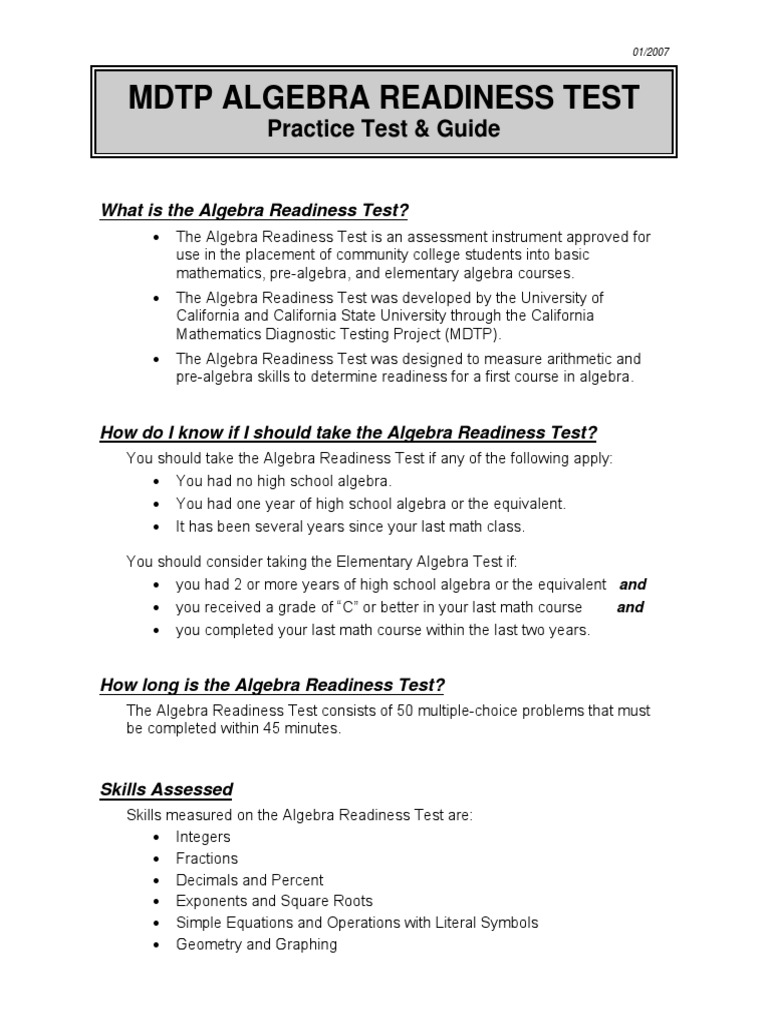 MDTP Algebra Readiness Test | PDF | Algebra | Mathematical Concepts