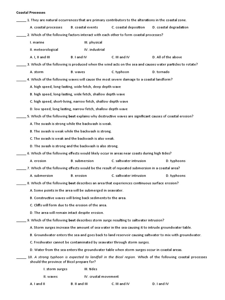 QUIZ - Coastal Processes | PDF | Storm Surge | Erosion