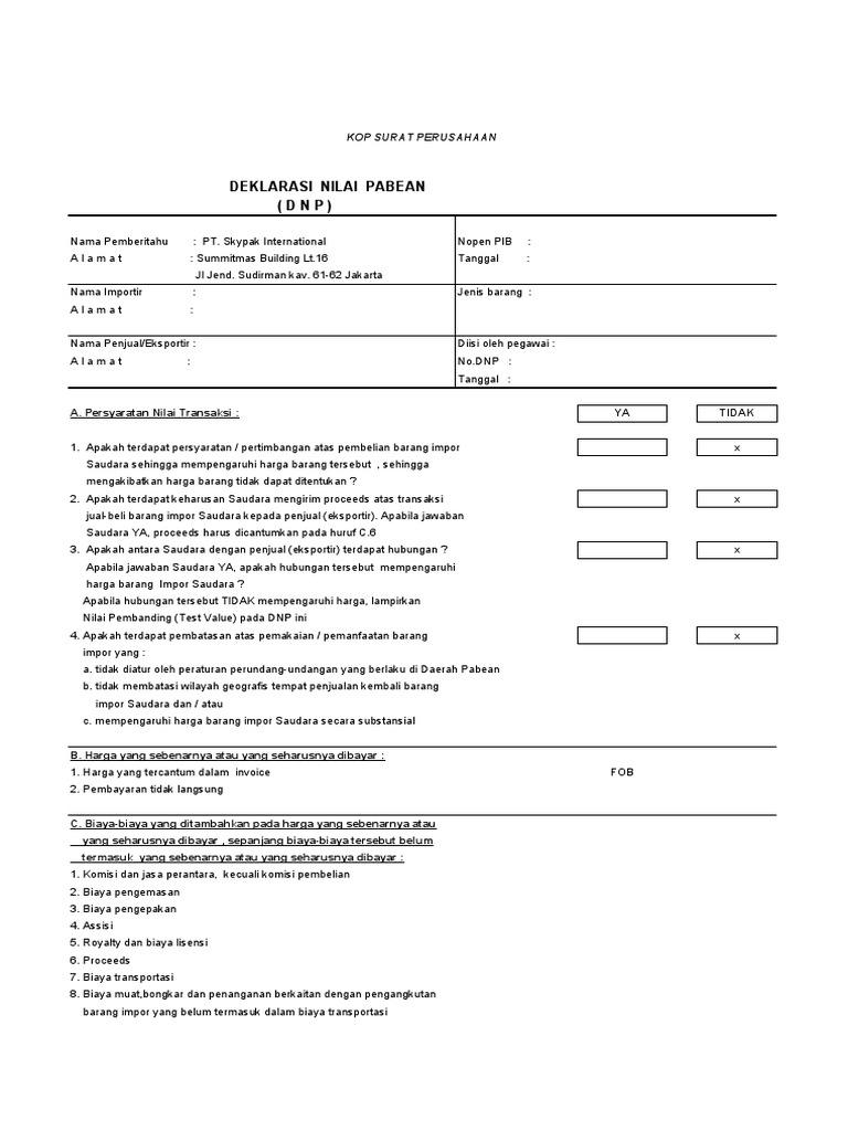 Deklarasi Nilai Pabean (DNP) : Kop Surat Perusahaan | PDF | Pengelolaan ...