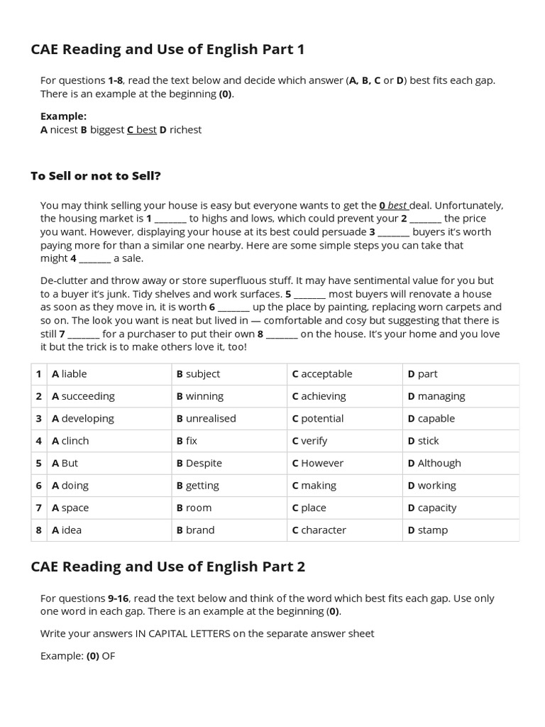 CAE Reading and Use of English Practice Test 7 Printable - EngExam ...