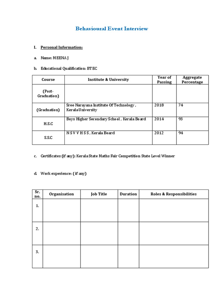 Behavioural Event Interview: I. Personal Information | PDF | Behavior ...