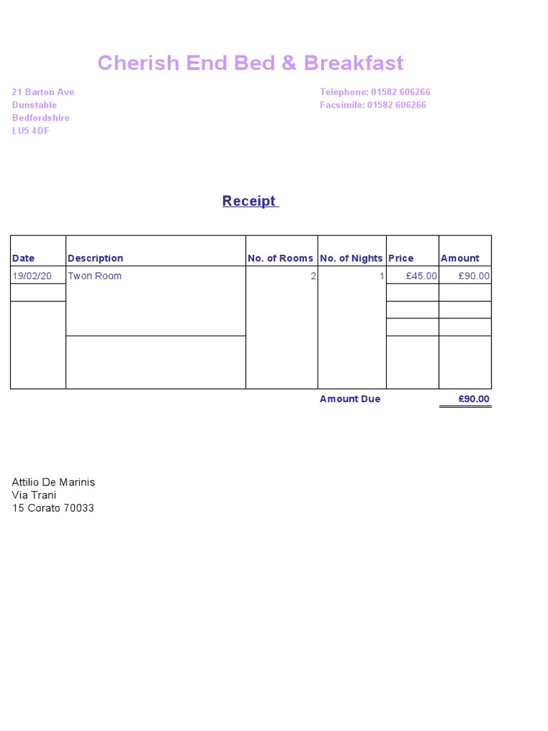 Cherish End Bed & Breakfast: Receipt | PDF