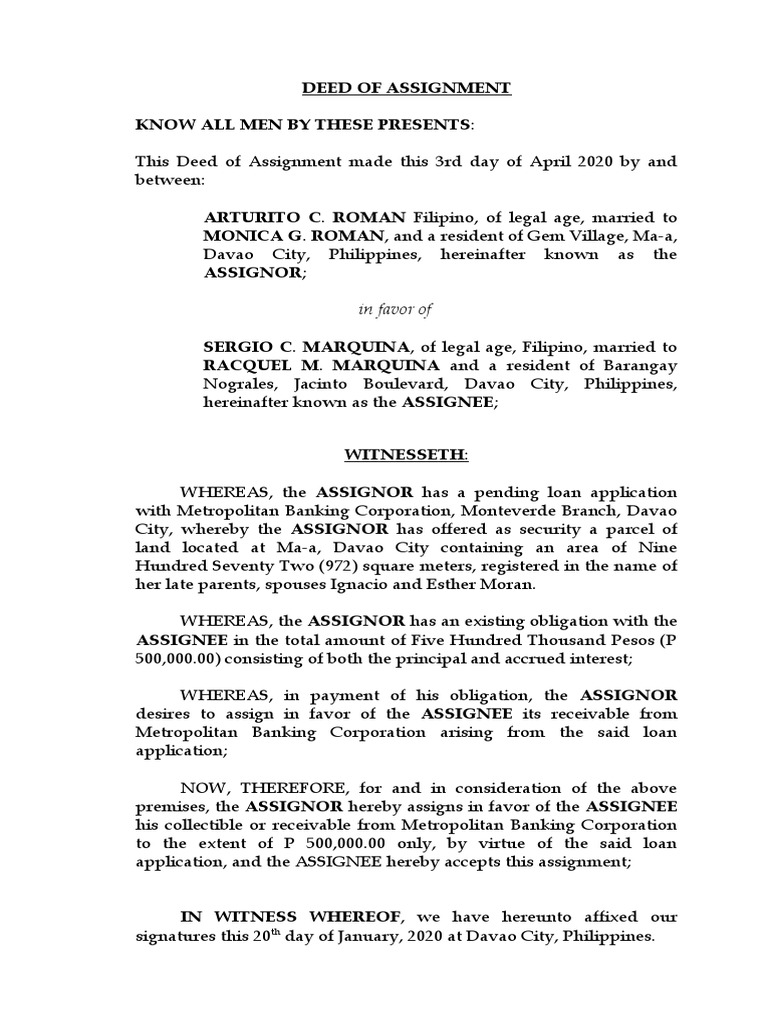 Deed of Assignment of Credit | PDF | Assignment (Law) | Contract Law