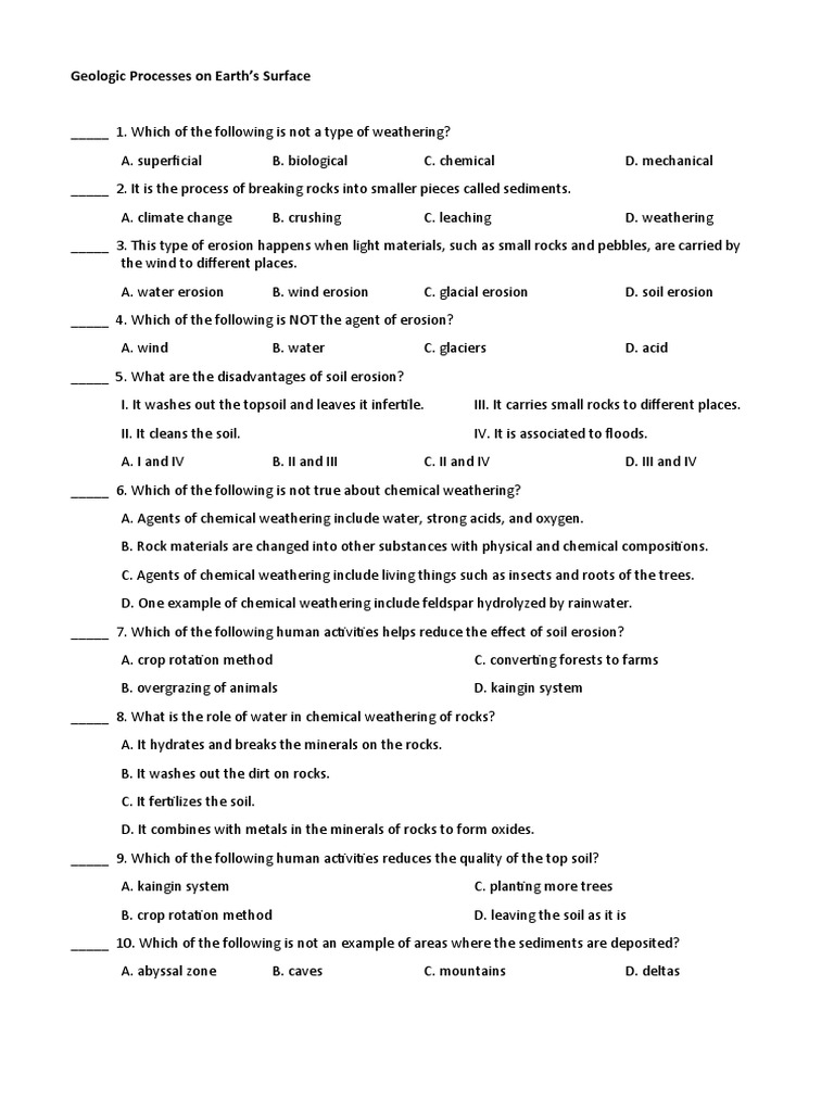 QUIZ - Geologic Processes On Earth's Surface | PDF | Weathering | Erosion