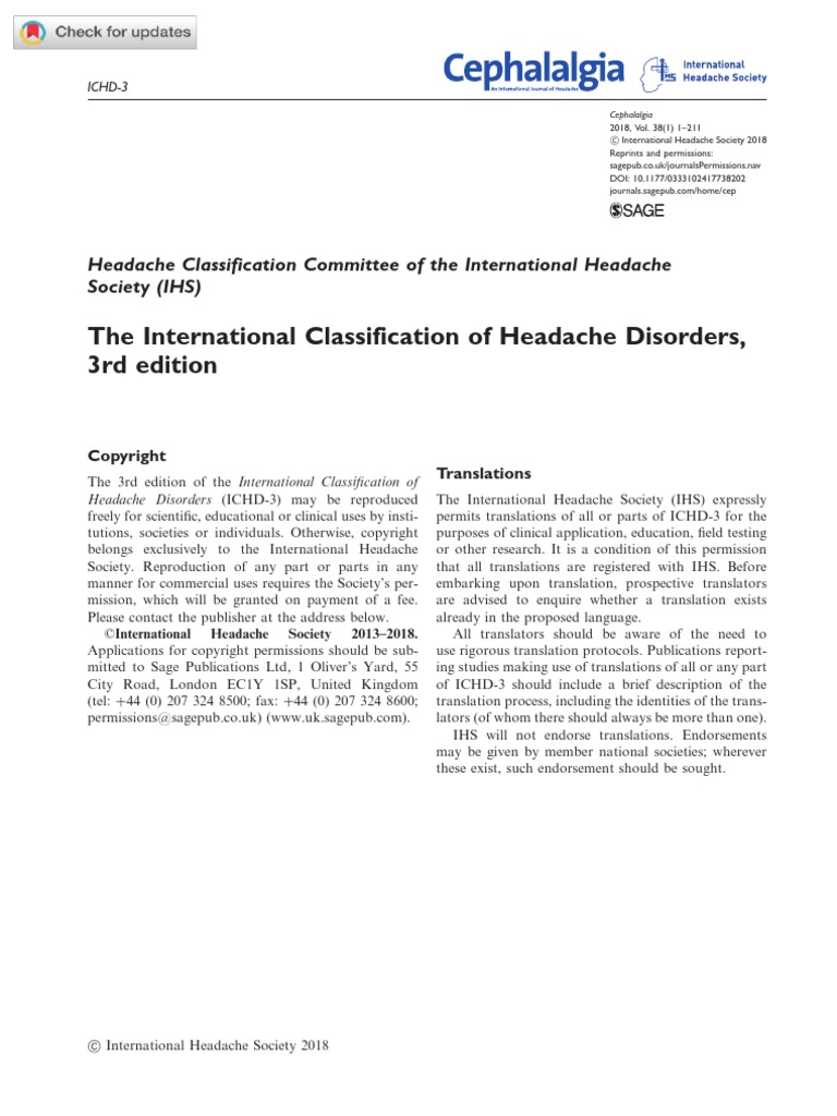 The International Classification of Headache Disorders 3rd Edition 2018 ...