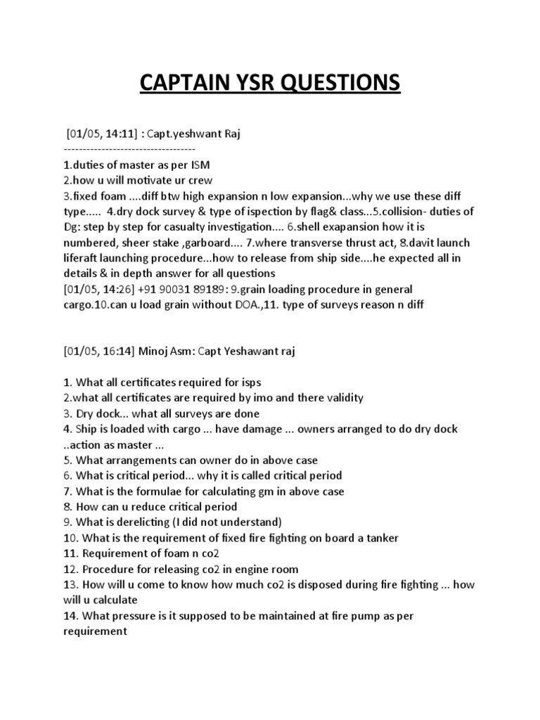Captain Ysr Questions | PDF | Ships | Oil Tanker
