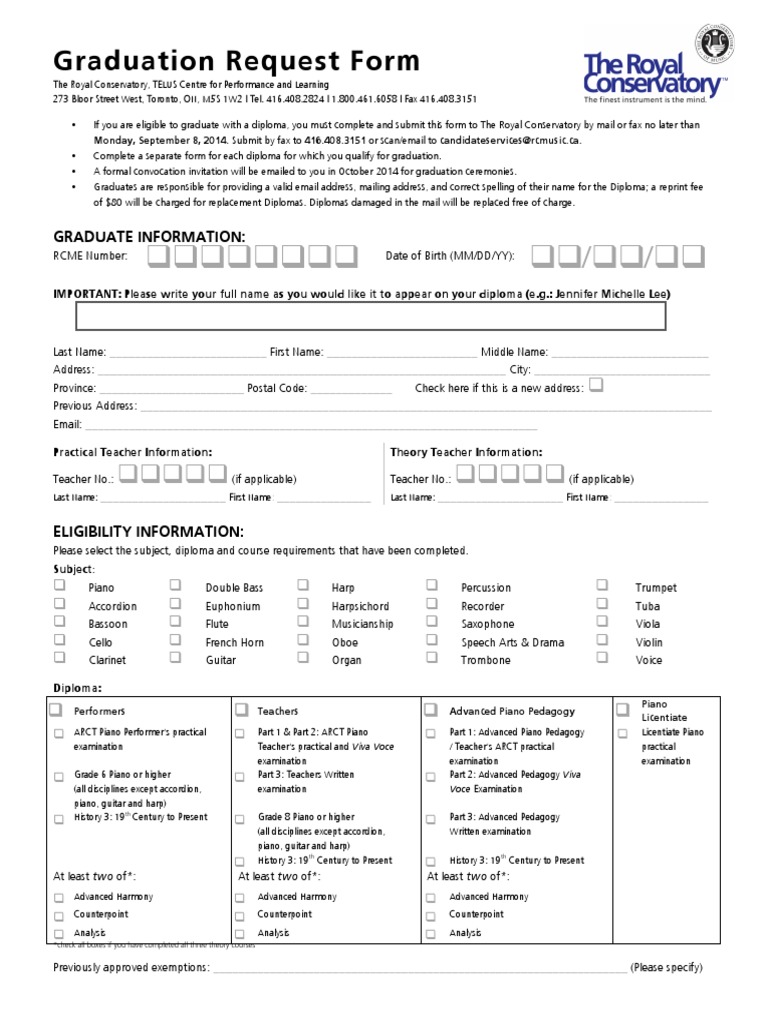 Graduation Request Form 2015 The Royal Conservatory | PDF | Mail ...