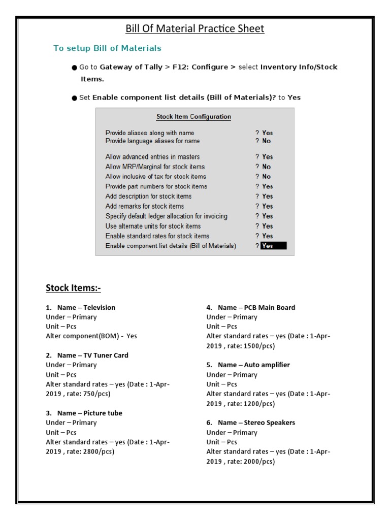 Bill of Material Practice Sheet | PDF | Production And Manufacturing ...