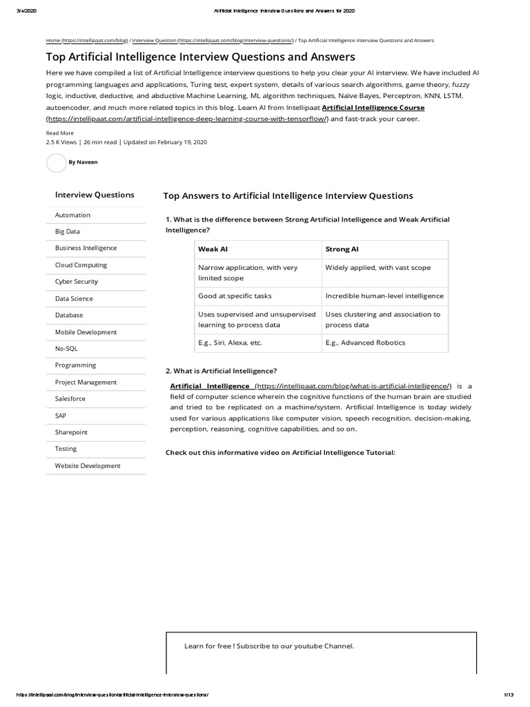 Artificial Intelligence Interview Questions and Answers For 2020 | PDF ...