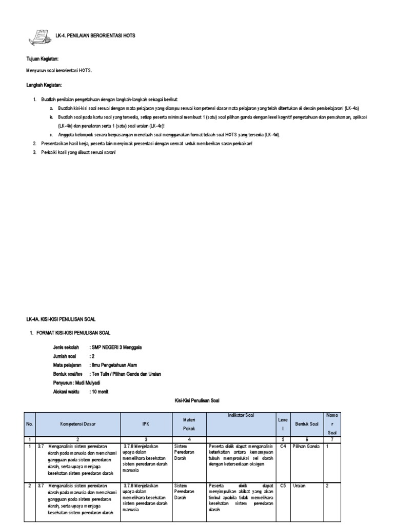 LK 4 Penilaian HOTS - Sistem Peredaran Darah | PDF