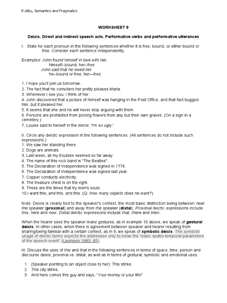 Worksheet 9 Revised - Deixis. Spech Acts | PDF | Human Communication | Symbols