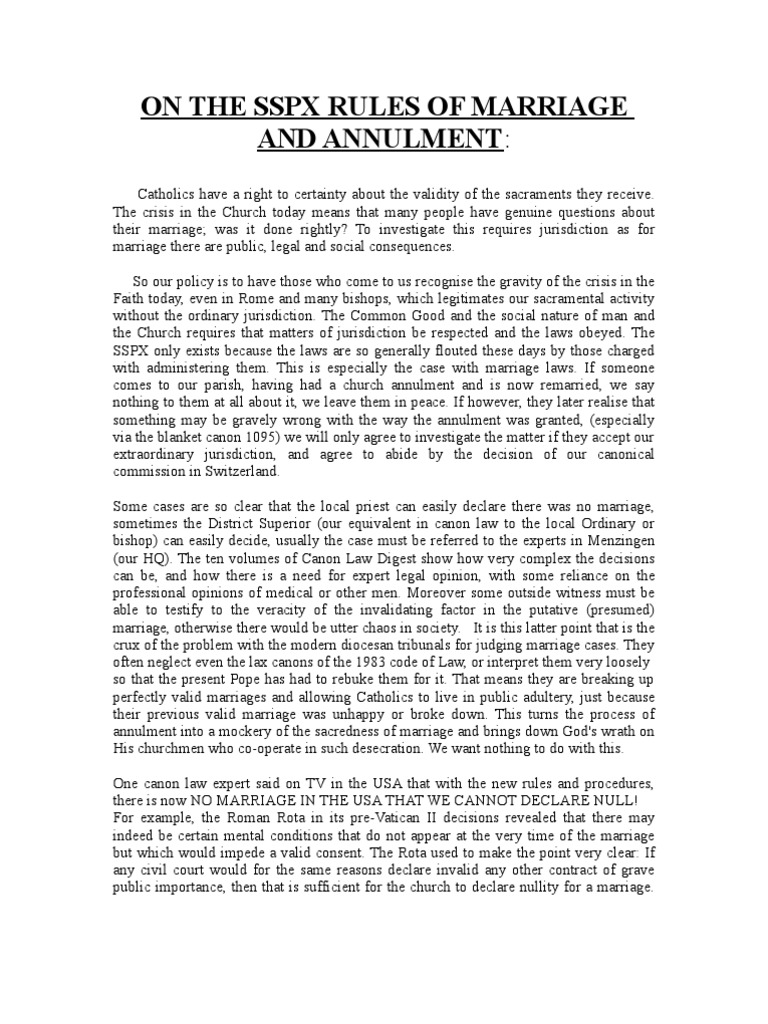 On the Sspx Rules of Marriage and Annulment | Catholic Church ...
