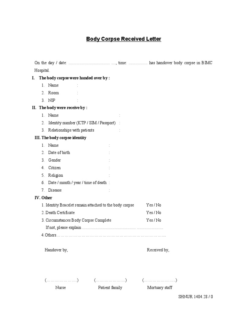 Body Corpse Handover Documentation | PDF | Law