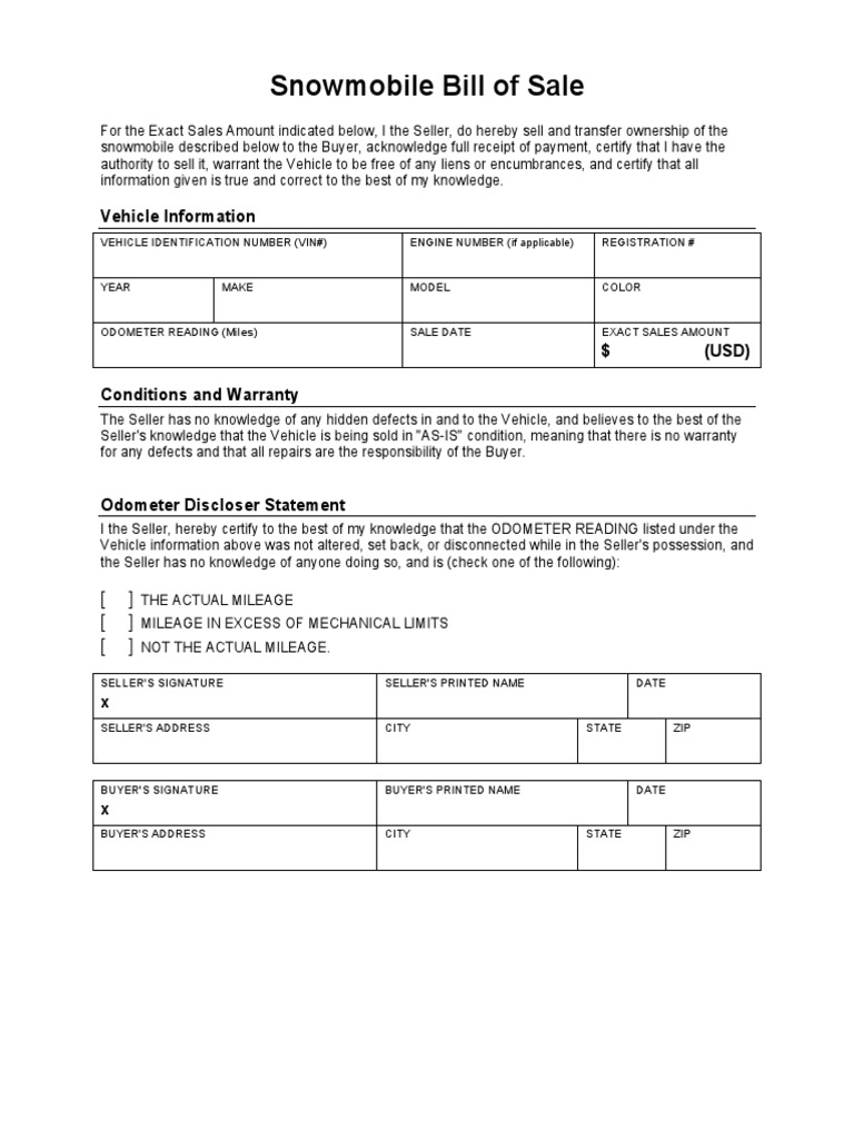 Snowmobile Bill of Sale PDF | PDF