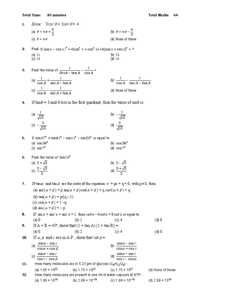 Trigonometry NTSE Test | PDF | Trigonometric Functions | Mole (Unit)
