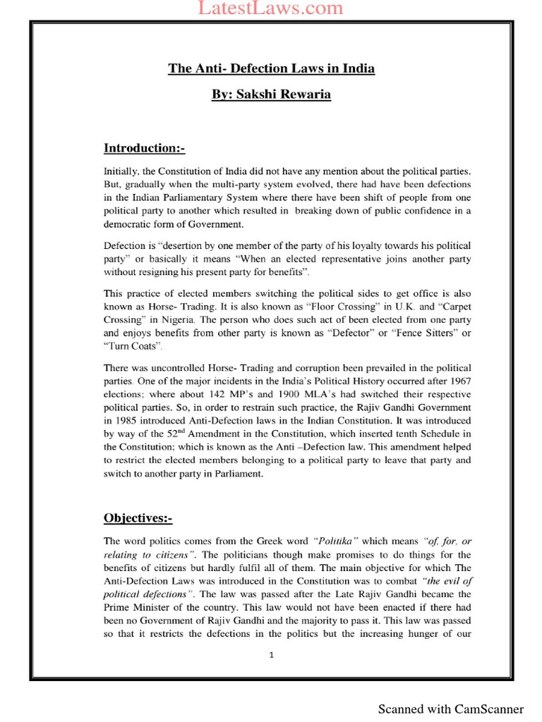 The Anti Defection Law in India | PDF