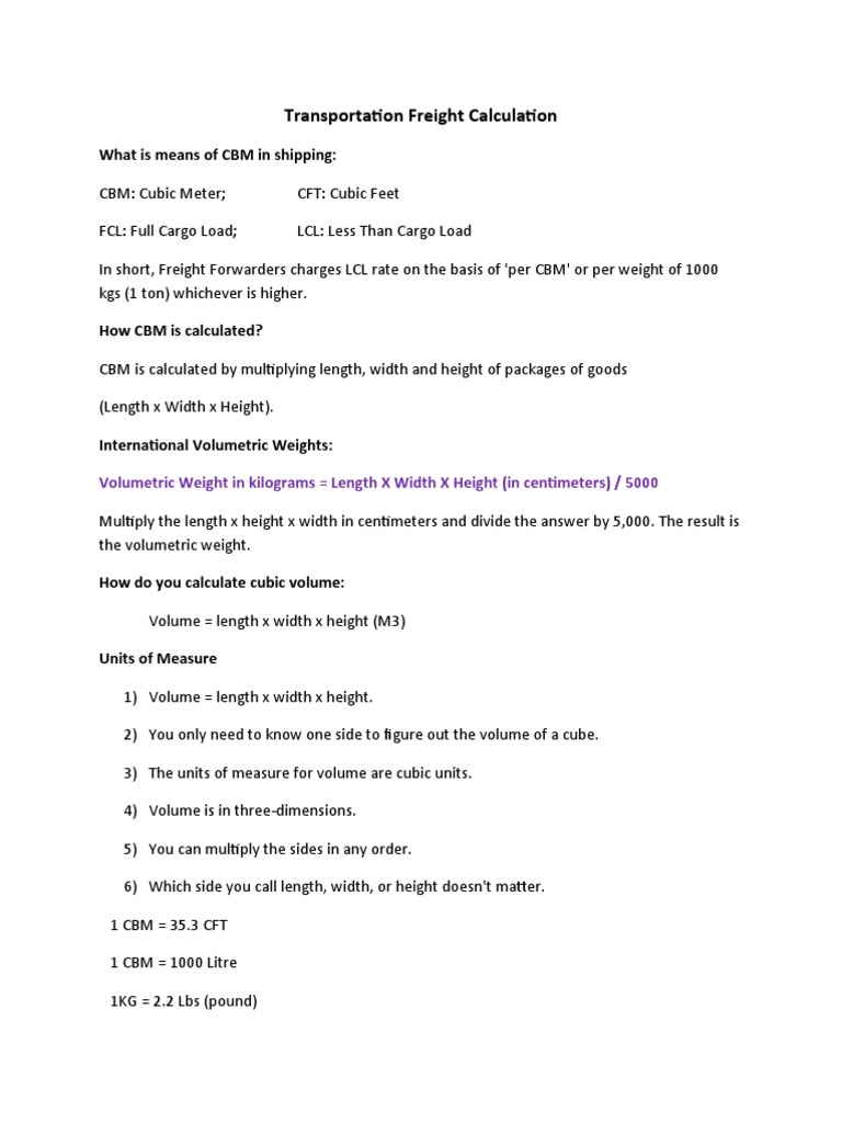 GU 21 Transportation Freight Calculation | PDF | Cargo | Volume