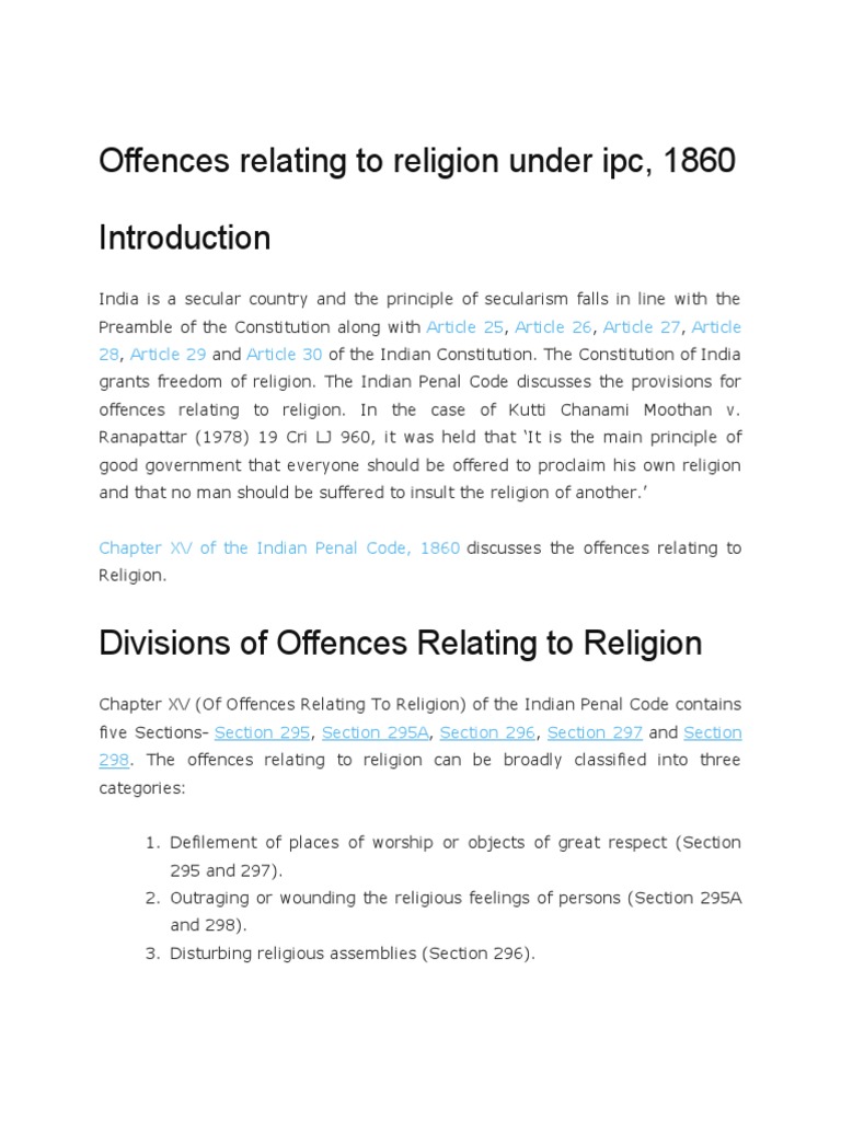 Offences Relating To Religion Under Ipc, 1860: Article 25 Article 26 ...