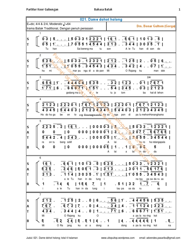 Dame Dohot Holong: Partitur Koor Gabungan Bahasa Batak 1 | PDF