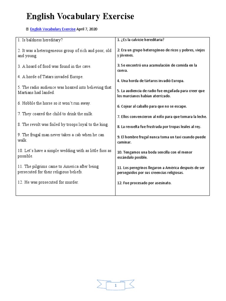 English Vocabulary Exercise | PDF | Agitación