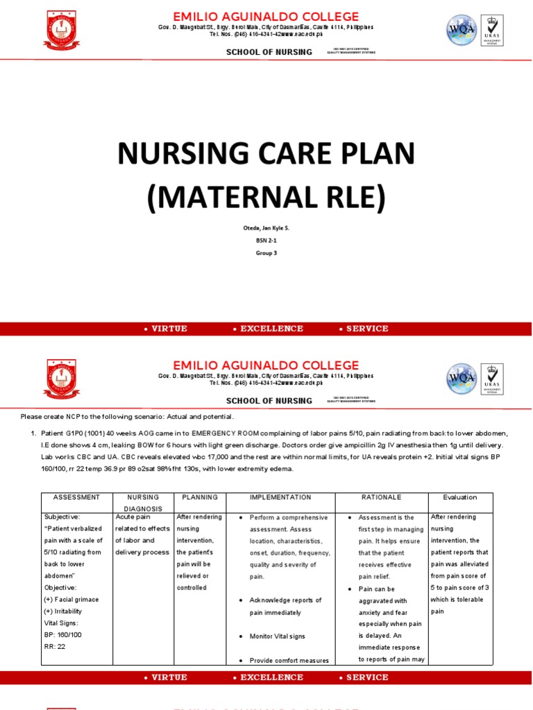 Nursing Care Plan (Maternal Rle) : Emilio Aguinaldo College | PDF ...