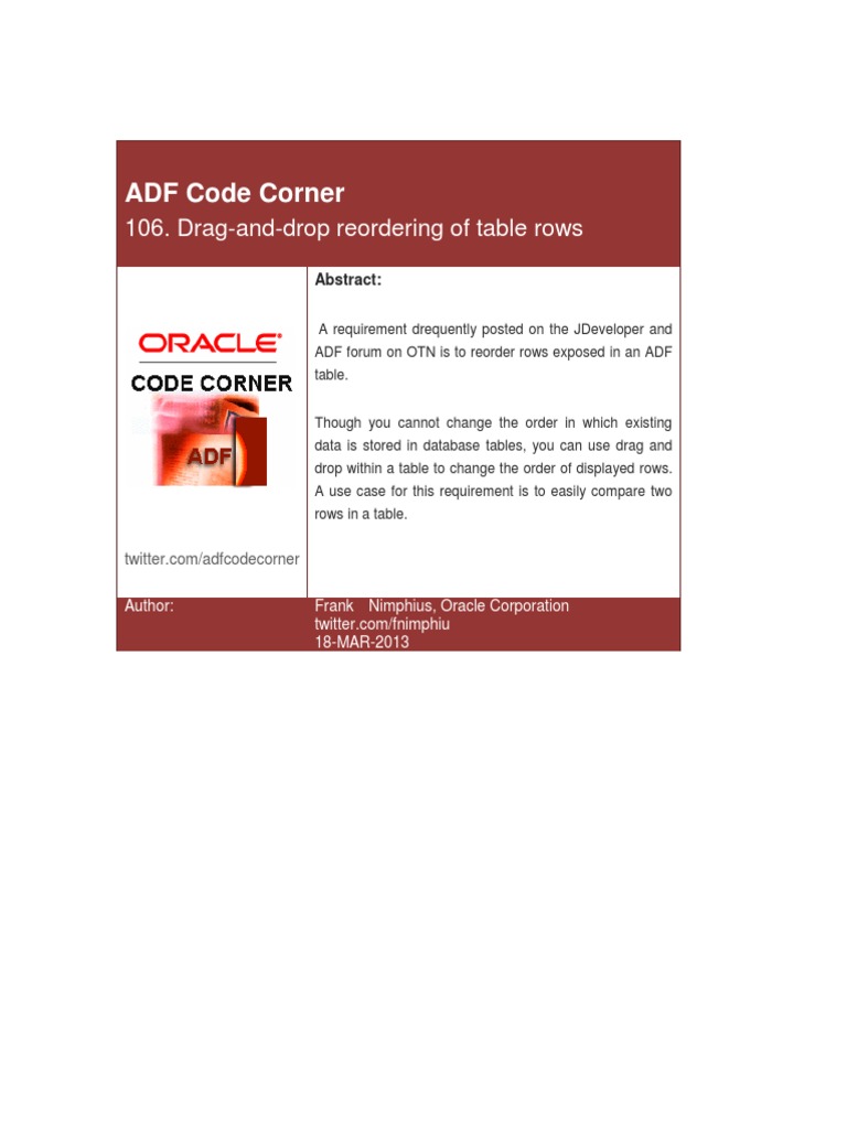 ADF Code Corner: 106. Drag-And-Drop Reordering of Table Rows | PDF ...