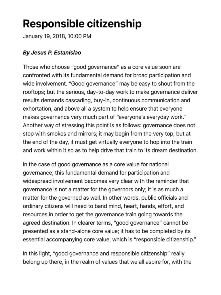 Responsible Citizenship: by Jesus P. Estanislao | PDF | Good Governance ...