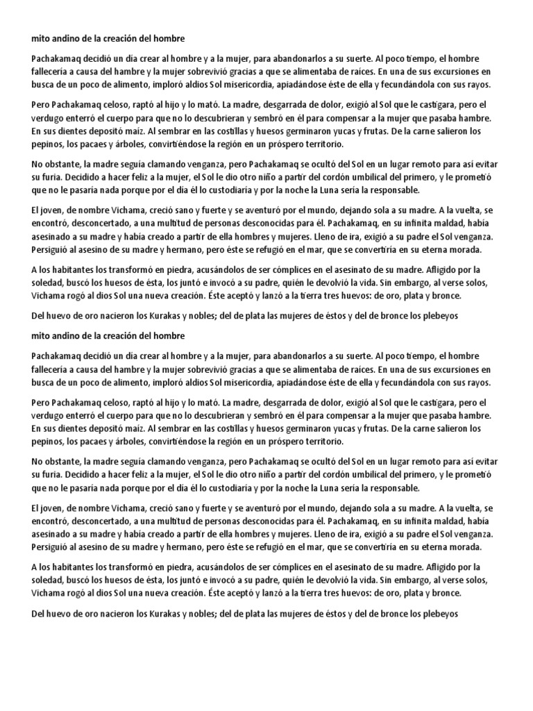 Mito Andino de La Creación Del Hombre | PDF