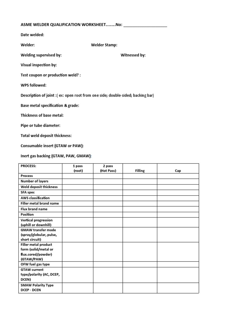 ASME WELDER QUALIFICATION WORKSHEET No | PDF