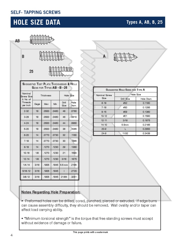 Hole Size Data: Self-Tapping Screws | Download Free PDF | Metalworking ...
