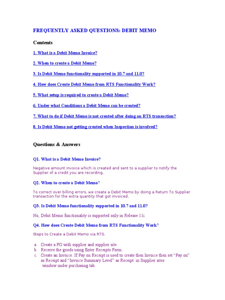 Frequently Asked Questions: Debit Memo | PDF | Invoice | Debit Card