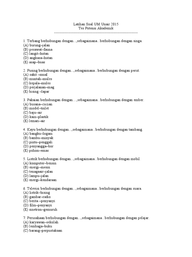 Latihan Soal TPA UM Unair 2015 | PDF | Sains & Matematika | Dewasa Muda