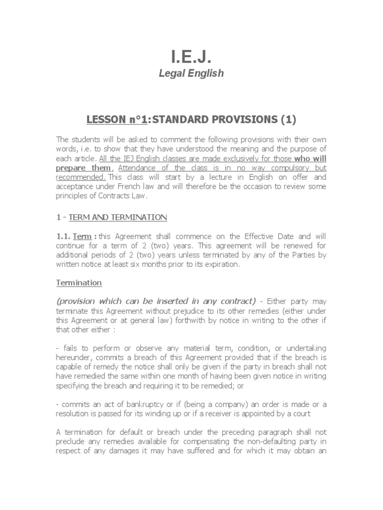 LESSON N°1: Standard Provisions (1) : Legal English | PDF | Partnership ...